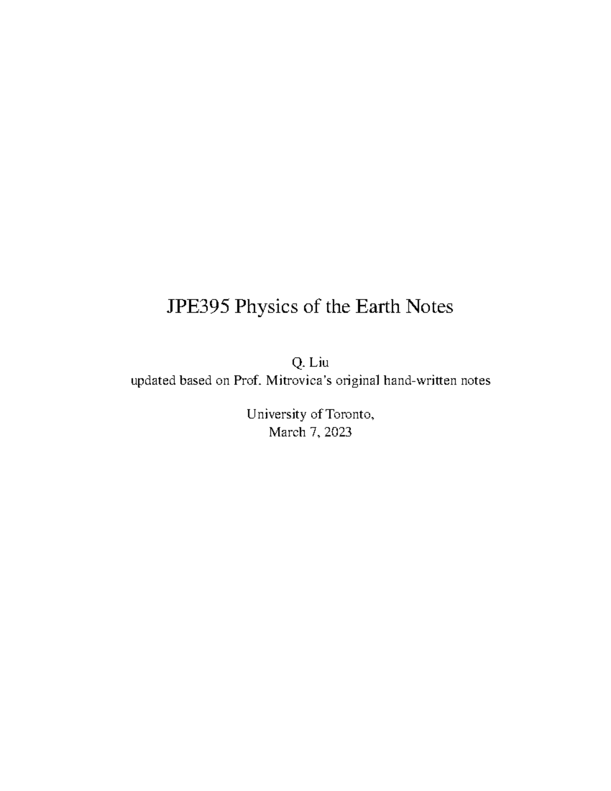 Jpe395latexnotes - jpe395 - JPE395 Physics of the Earth Notes Q. Liu ...