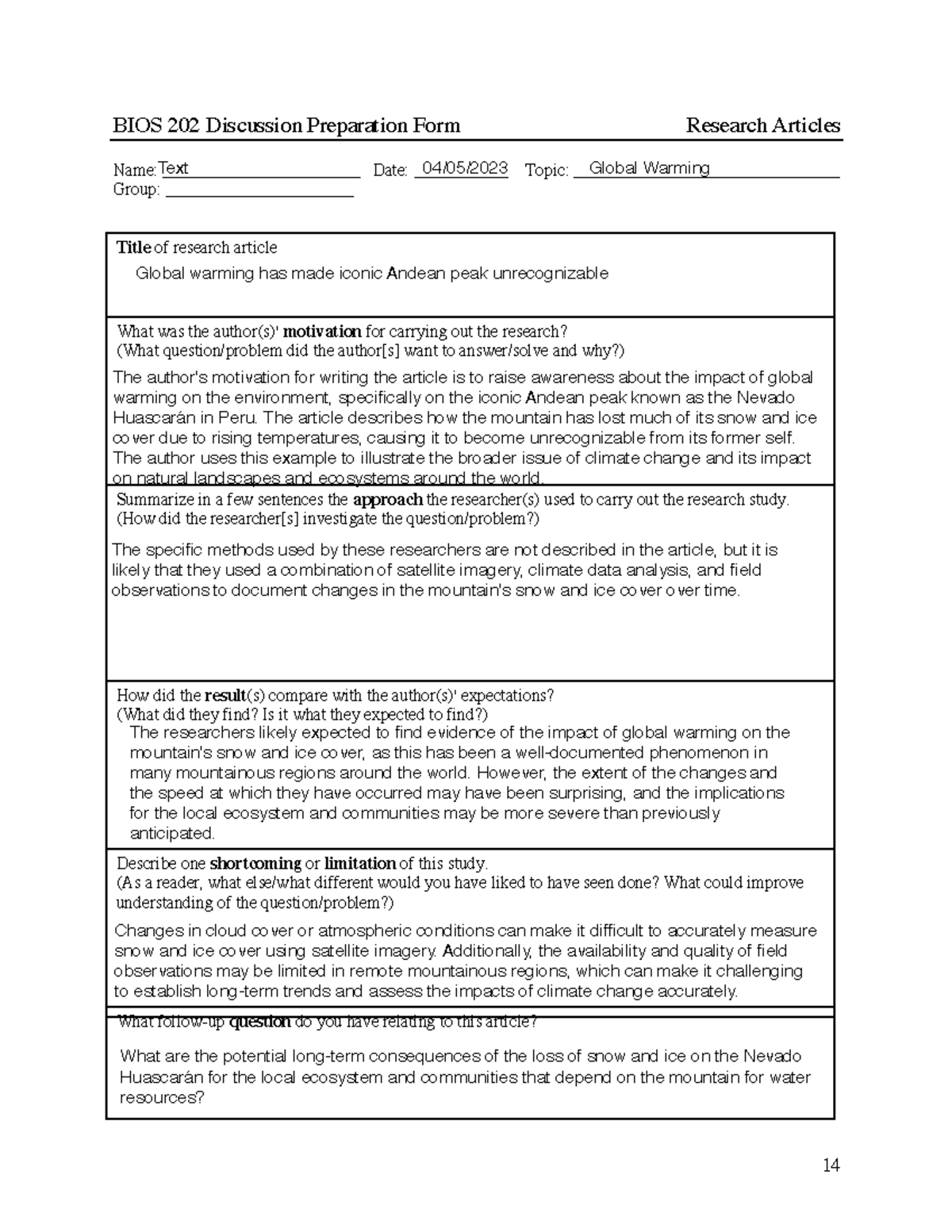 BIOS 202 Article Prep Form - 14 BIOS 202 Discussion Preparation Form ...