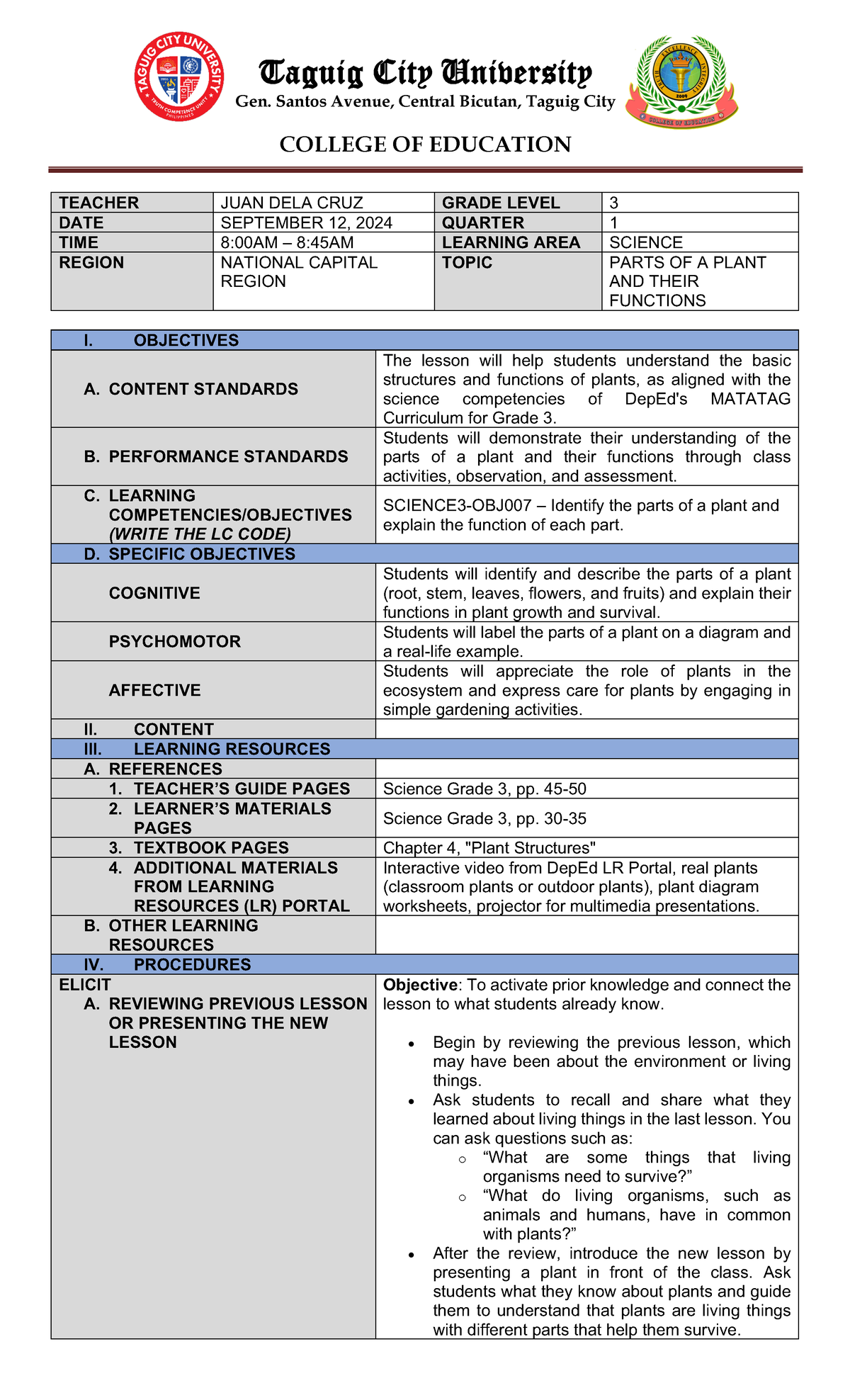 Sample DEMO Teaching Lesson PLAN - Taguig City University Gen. Santos ...