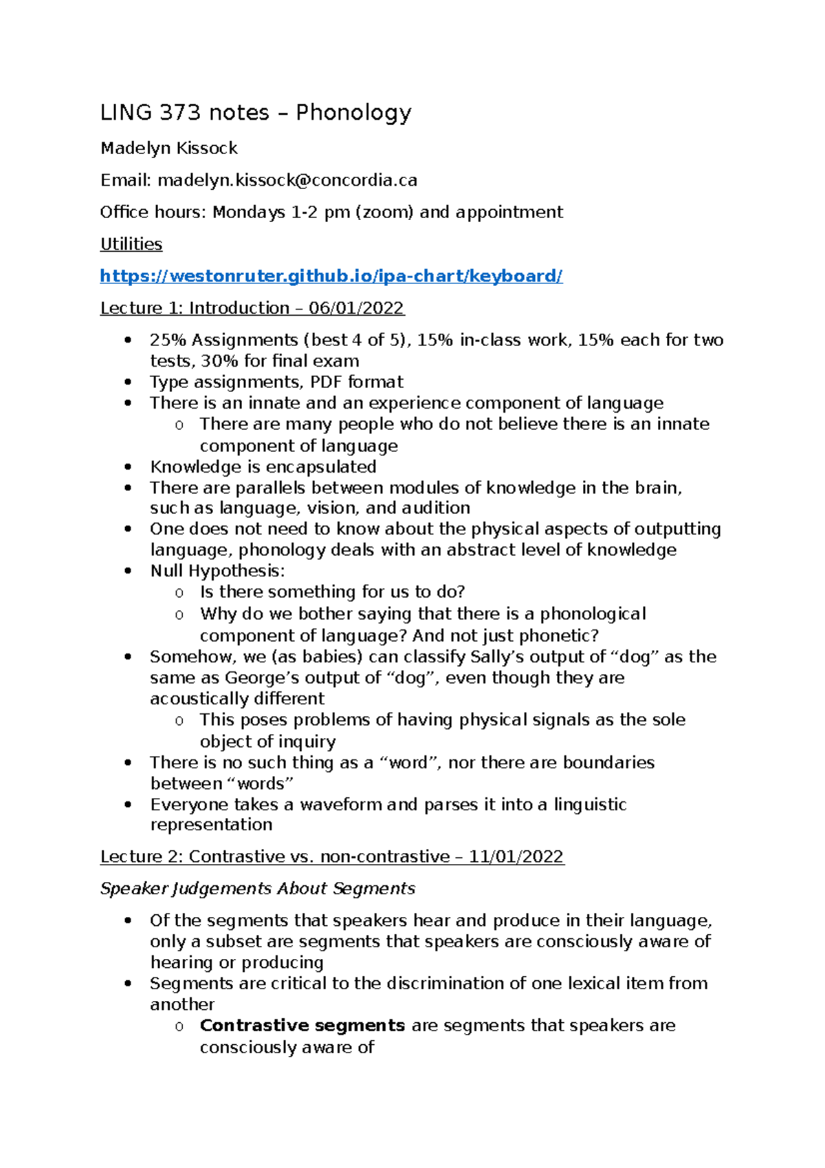 LING 373 notes - LING 373 notes – Phonology Madelyn Kissock Email ...