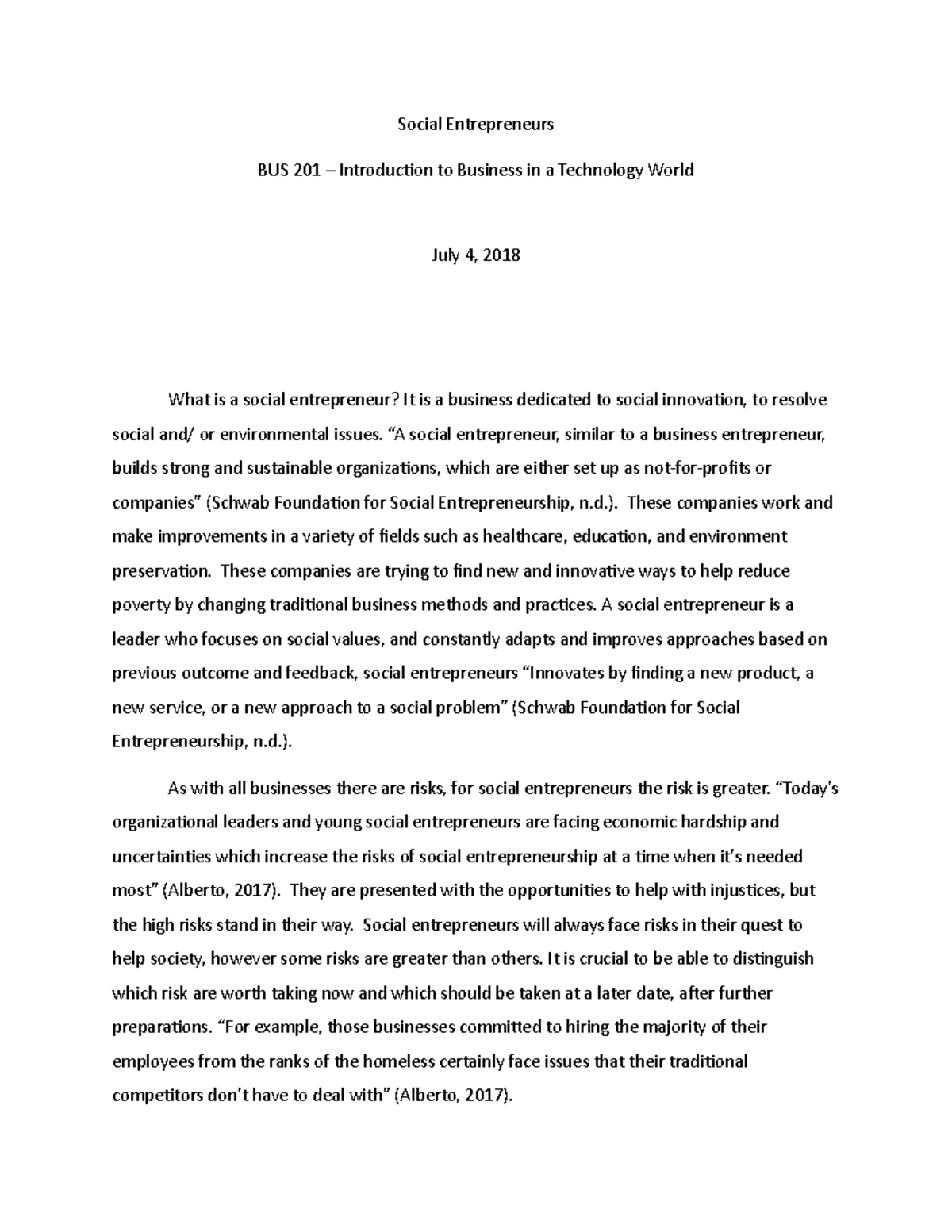 Module 1 Assignment 3 - Social Entrepreneurs BUS 201 – Introduction to ...