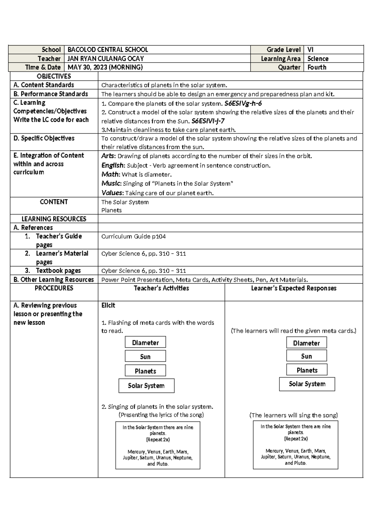 Science 6 Lesson Plan - School BACOLOD CENTRAL SCHOOL Grade Level VI ...