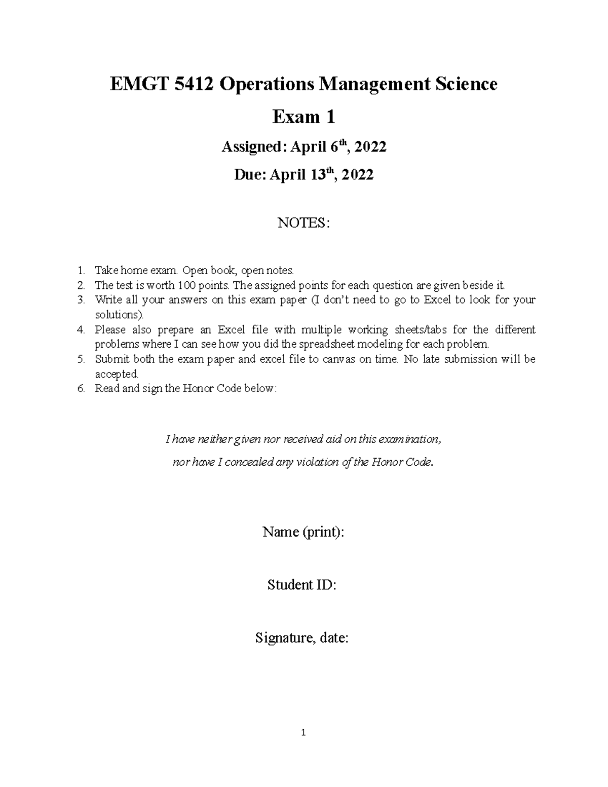 EMGT5412 Exam 1 ST - Exam 1 - EMGT 5412 Operations Management Science ...