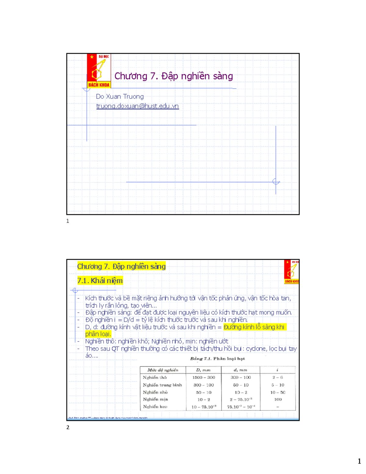 07 Chương 7 Đập Nghiền Sàng - Do Xuan Truong truong@hust.edu Quá Trình thiết bị III – Phân riêng ...