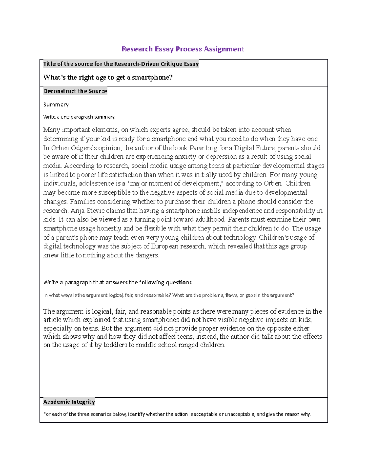 Research Essay Process Assignment - Many important elements, on which ...