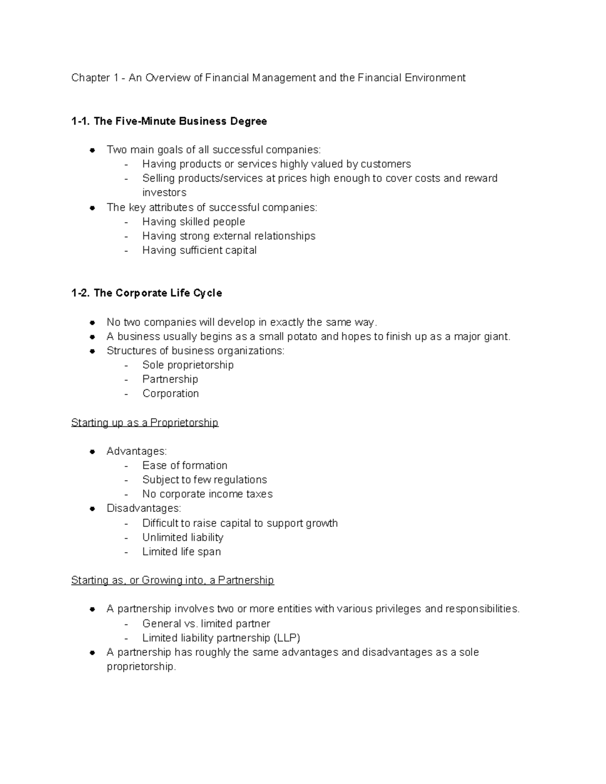 AFF 210 Notes - Chapter 1 - An Overview of Financial Management and the ...