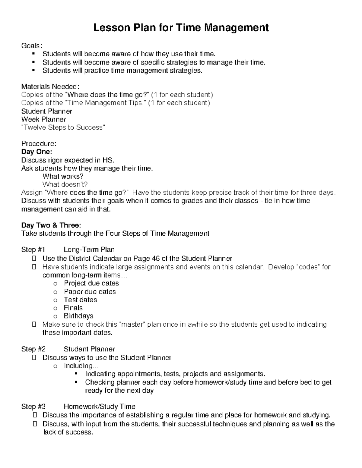 Lesson Plan Time Management Lesson Plan For Time Management
