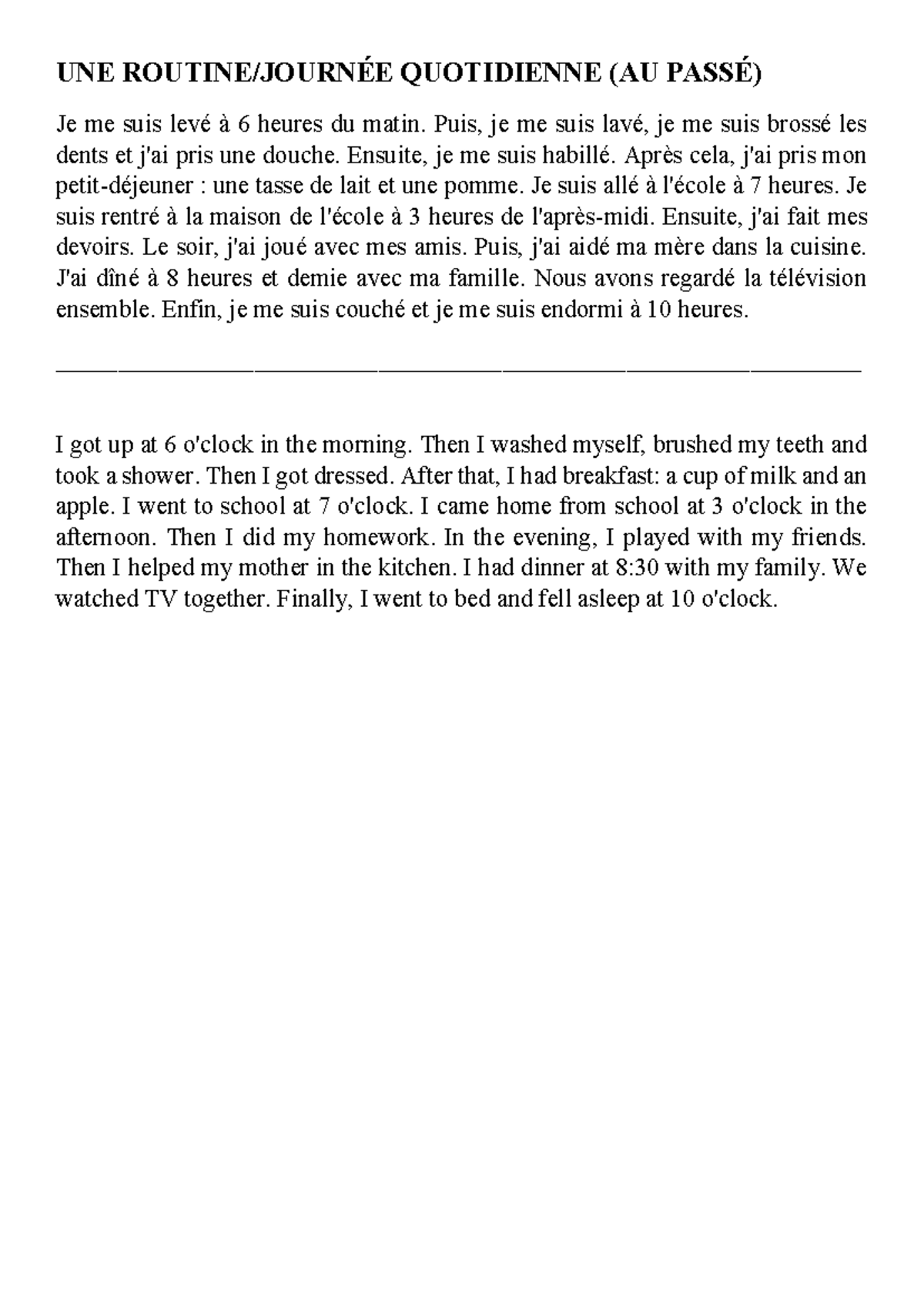 UNE Routine OU JournéE Quotidienne (AU Passé) - UNE ROUTINE/JOURNÉE ...