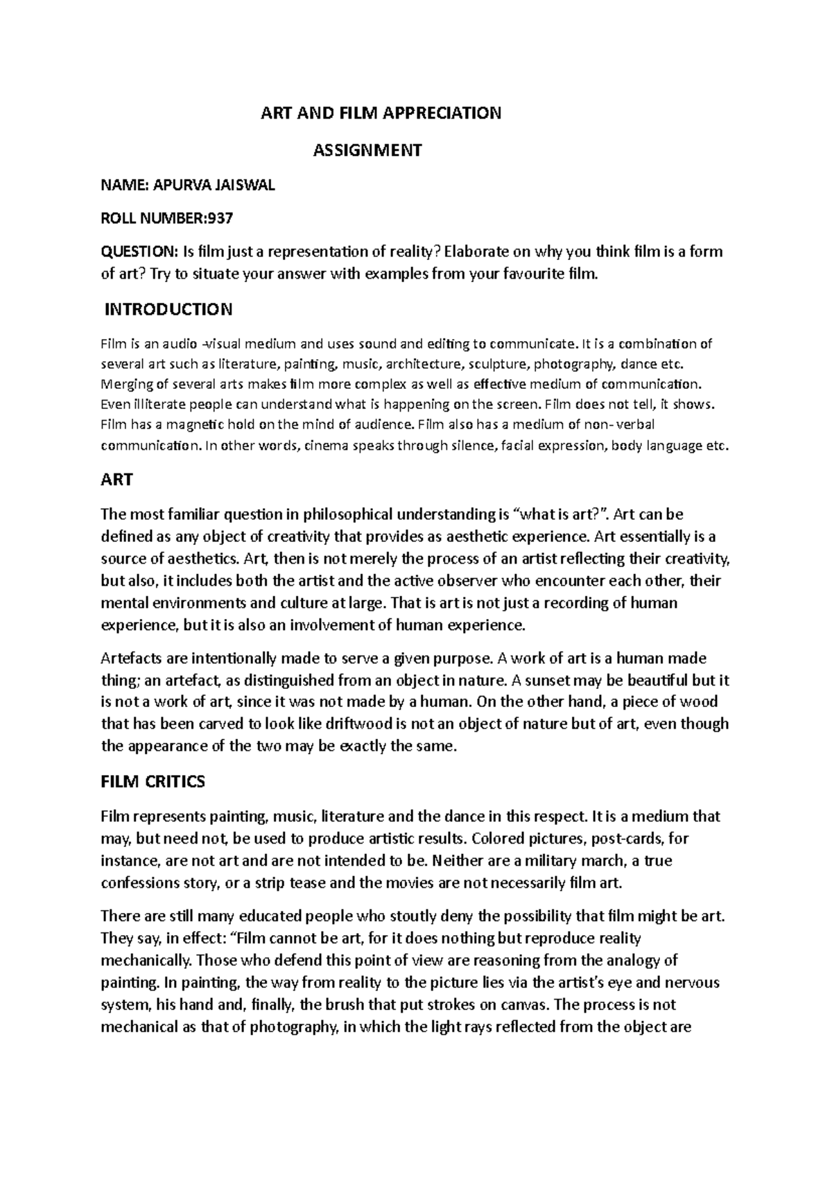 ART N FILM Appreaciation - ART AND FILM APPRECIATION ASSIGNMENT NAME ...