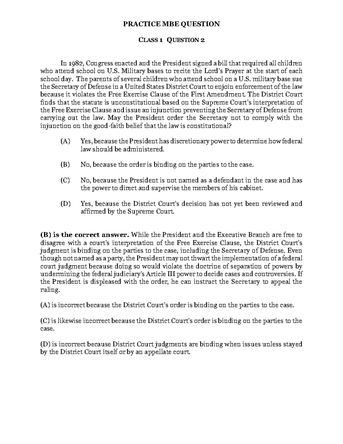 Class 01 Question 2A - PRACTICE MBE QUESTION CLASS 1 QUESTION 2 In 1982 ...