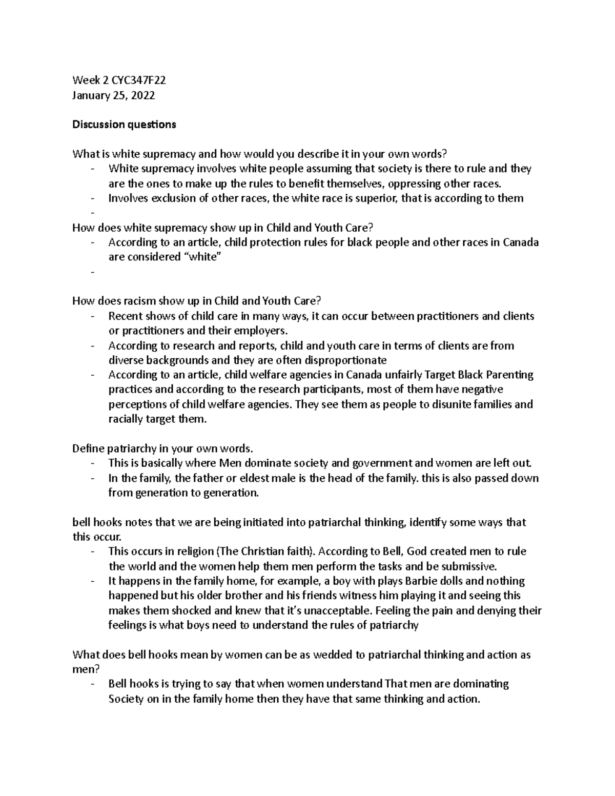 Week 2 CYC347 F22 Discussion Questions - Week 2 CYC347F January 25, 2022 Discussion questions ...