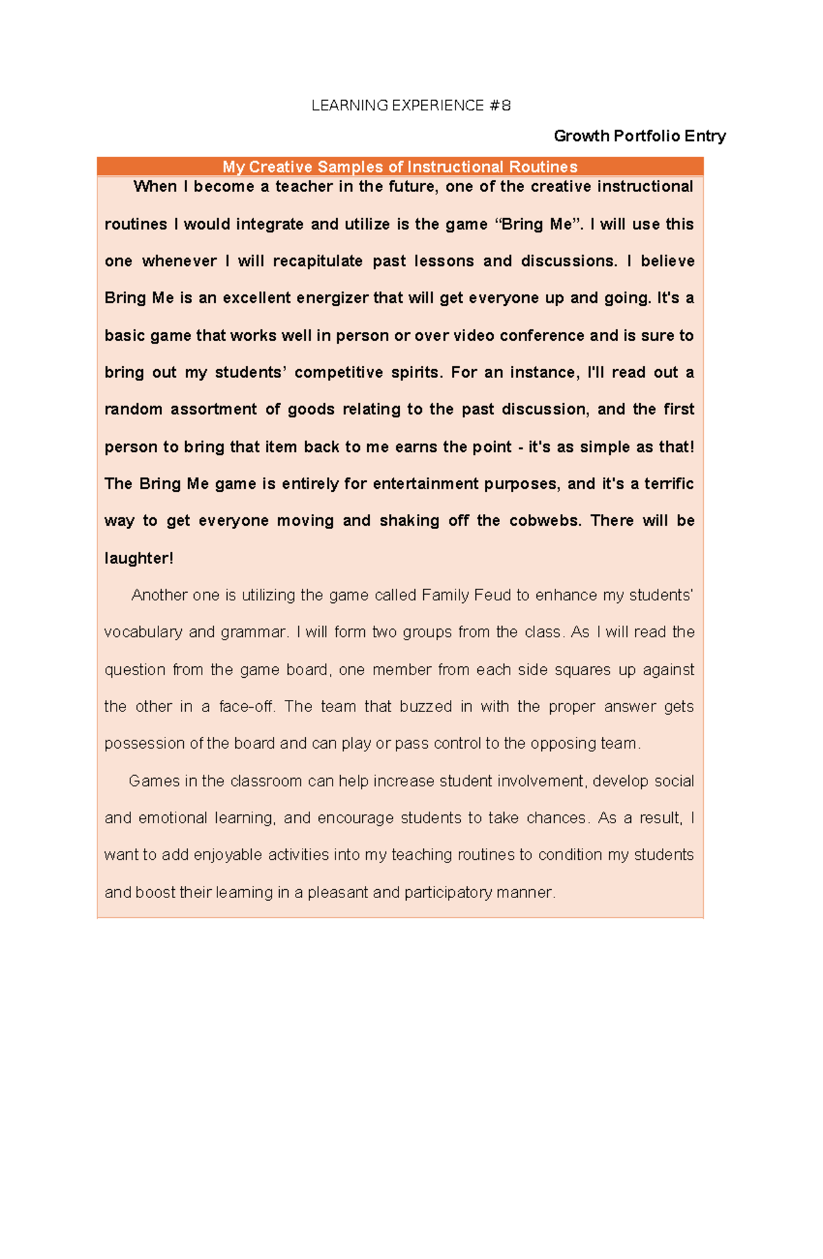 Learning Experience #8 - LEARNING EXPERIENCE Growth Portfolio Entry My ...