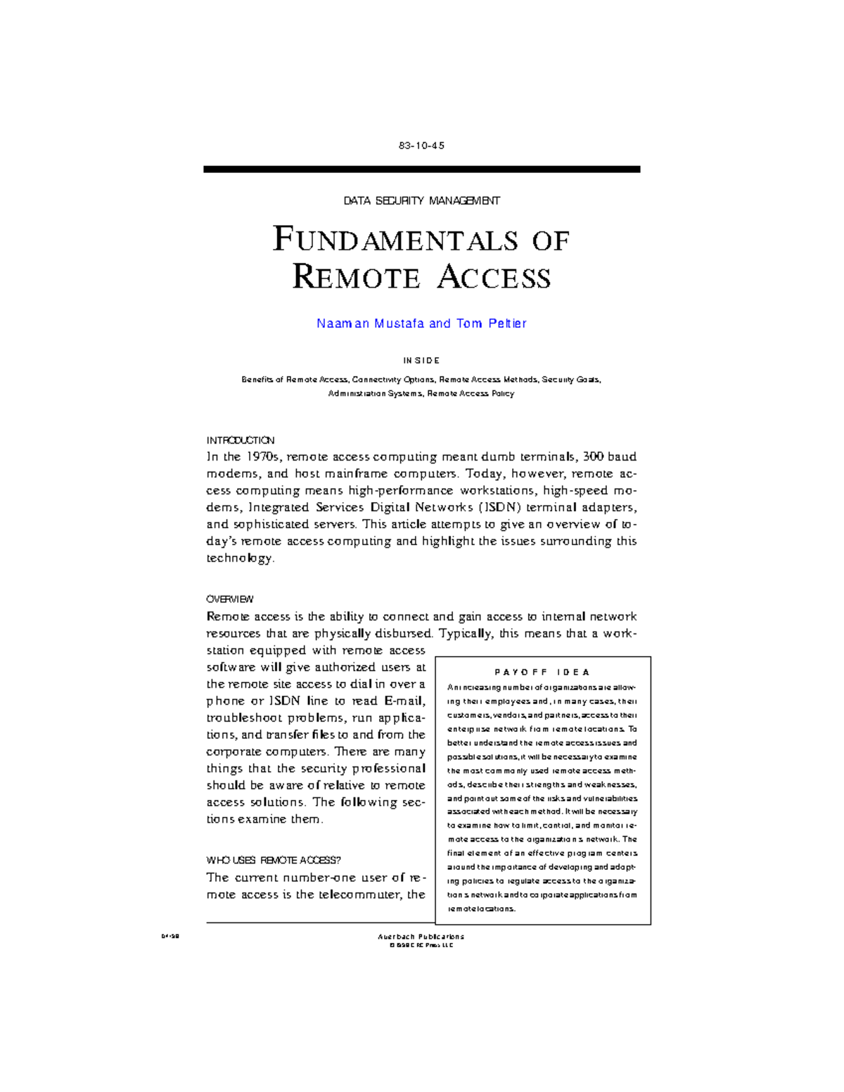 Fundamentals OF Remote Access - A u e r b a c h P u b lic a t io n s ...