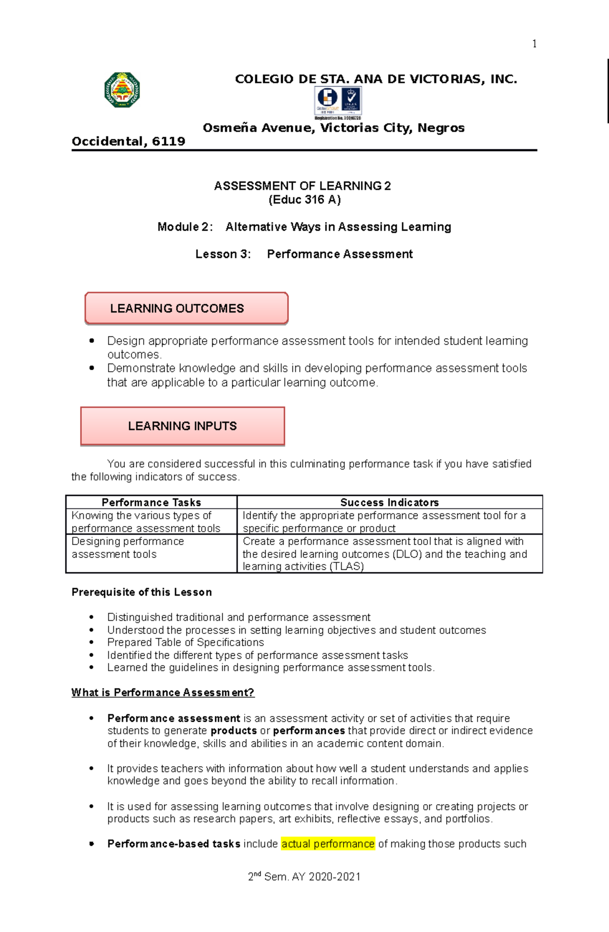 Lesson 3 Performance and Product Based - COLEGIO DE STA. ANA DE ...
