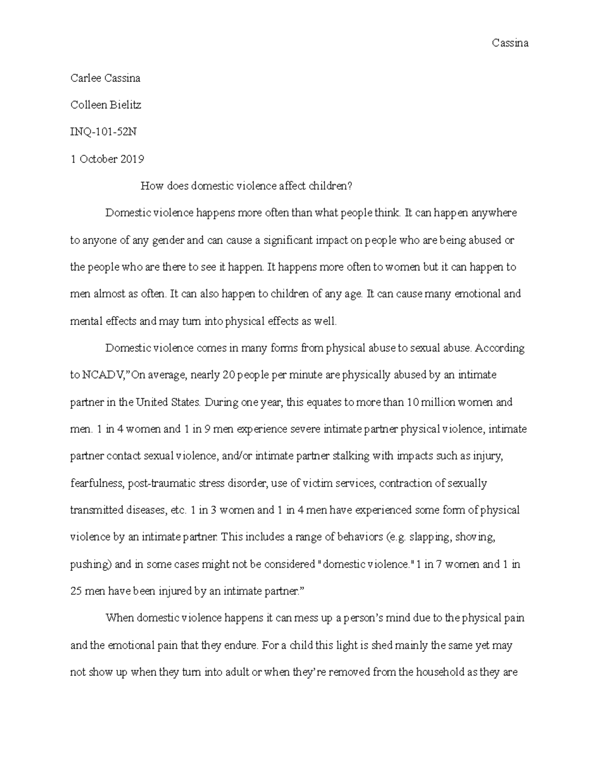 Burning Question Reflection Paper - Carlee Cassina Colleen Bielitz INQ ...