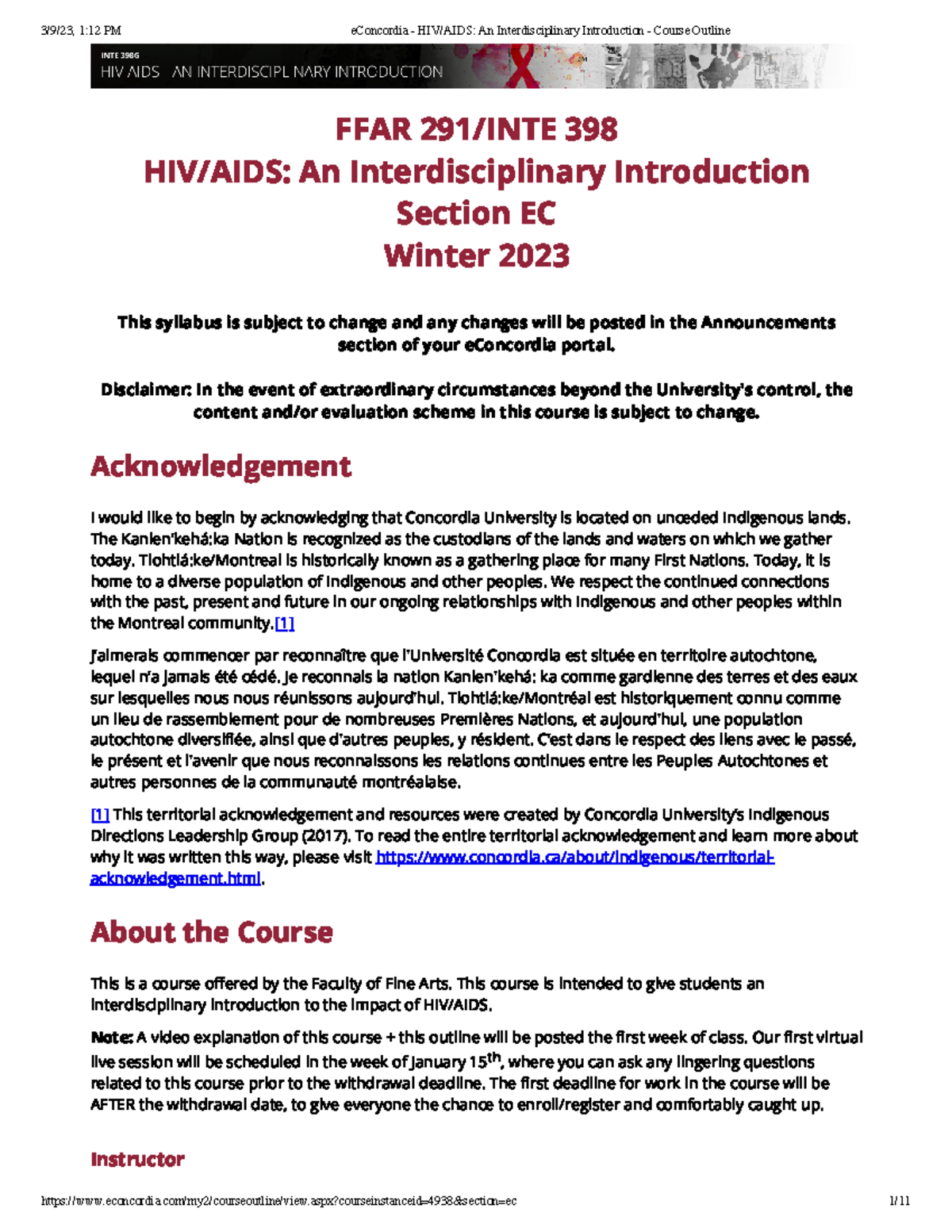 FFAR 291 course outline - FFAR 291/INTE 398 HIV/AIDS: An ...