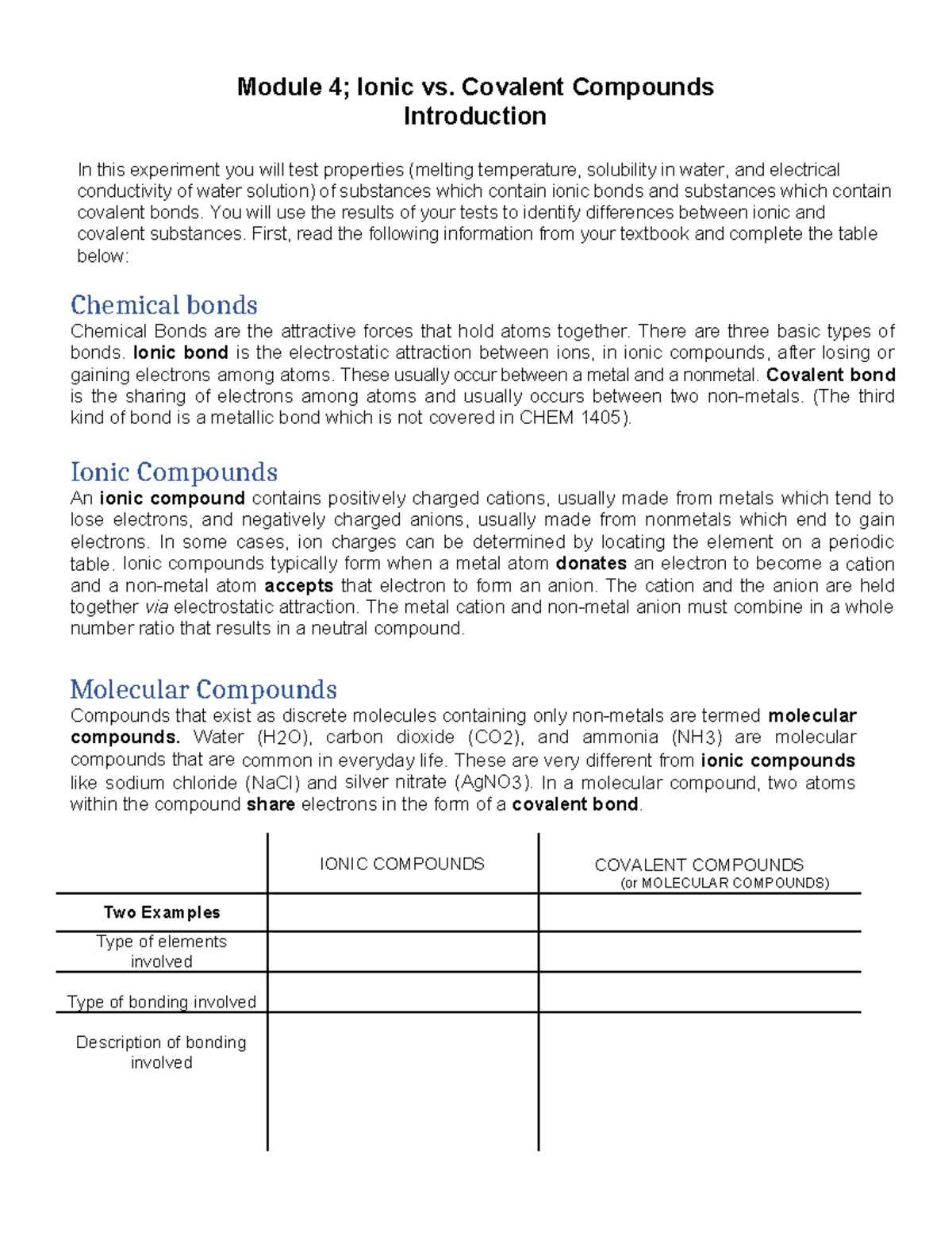 Module 4 Ionic vs. Covalent V 2 - Module 4; Ionic vs. Covalent Compounds Introduction In this ...