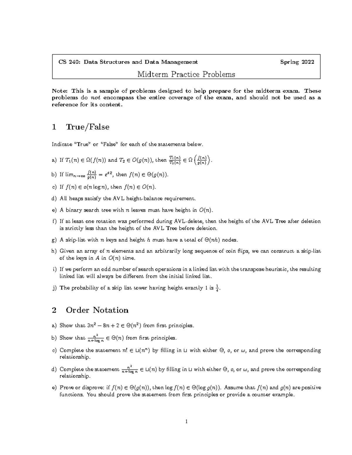 Midpractice New Midterm Practice Questions For Cs240 Cs 240 Data Structures And Data