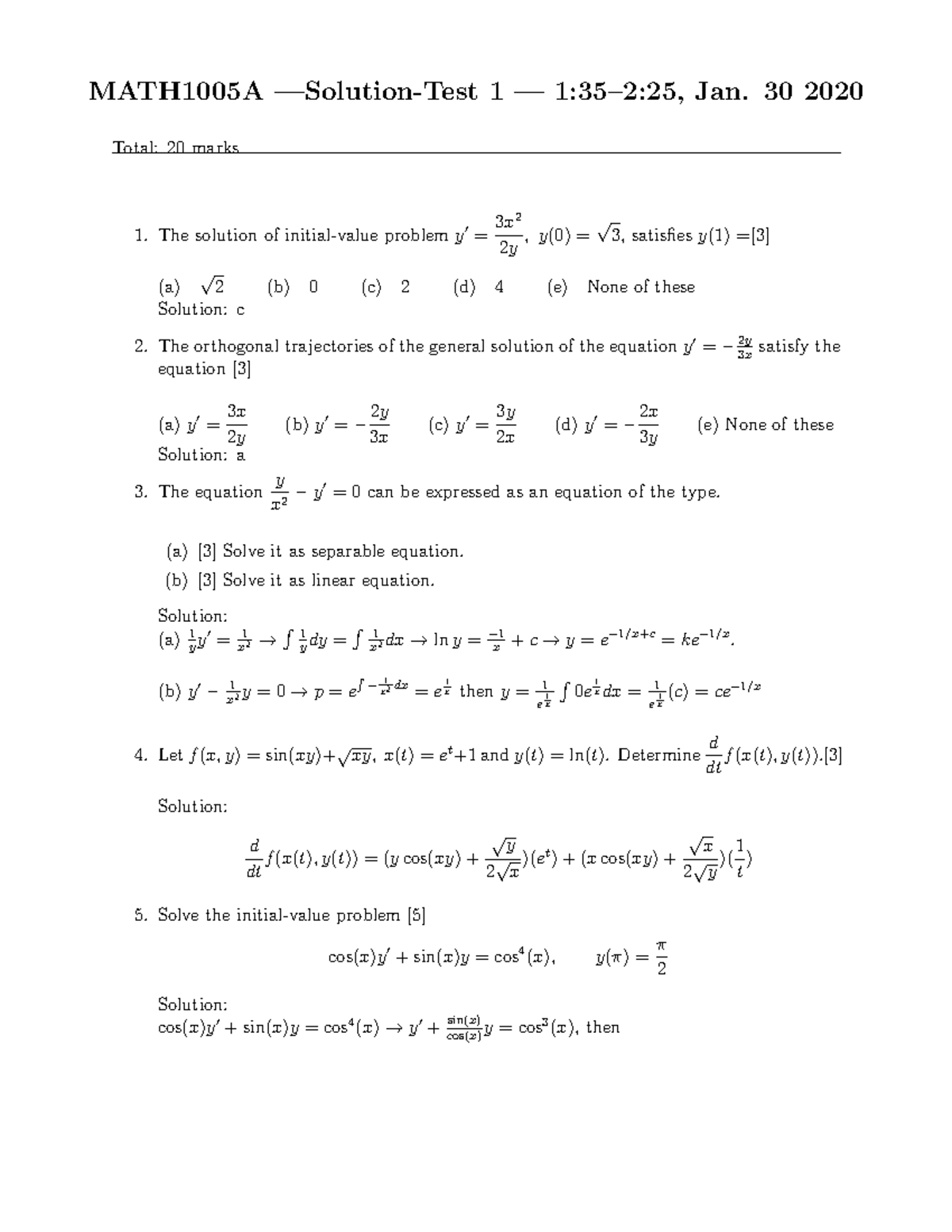 Math1005 Test1 Test2 With Answers MATH1005A Solution Test 1 1 35