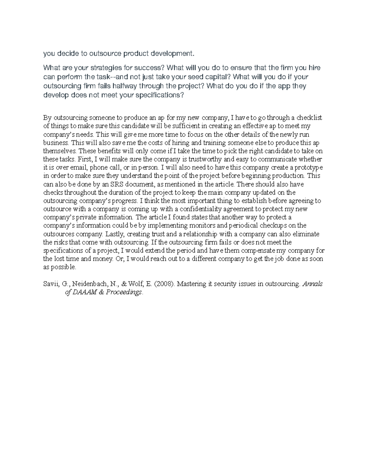 ITOM discussion week 5 - you decide to outsource product development ...