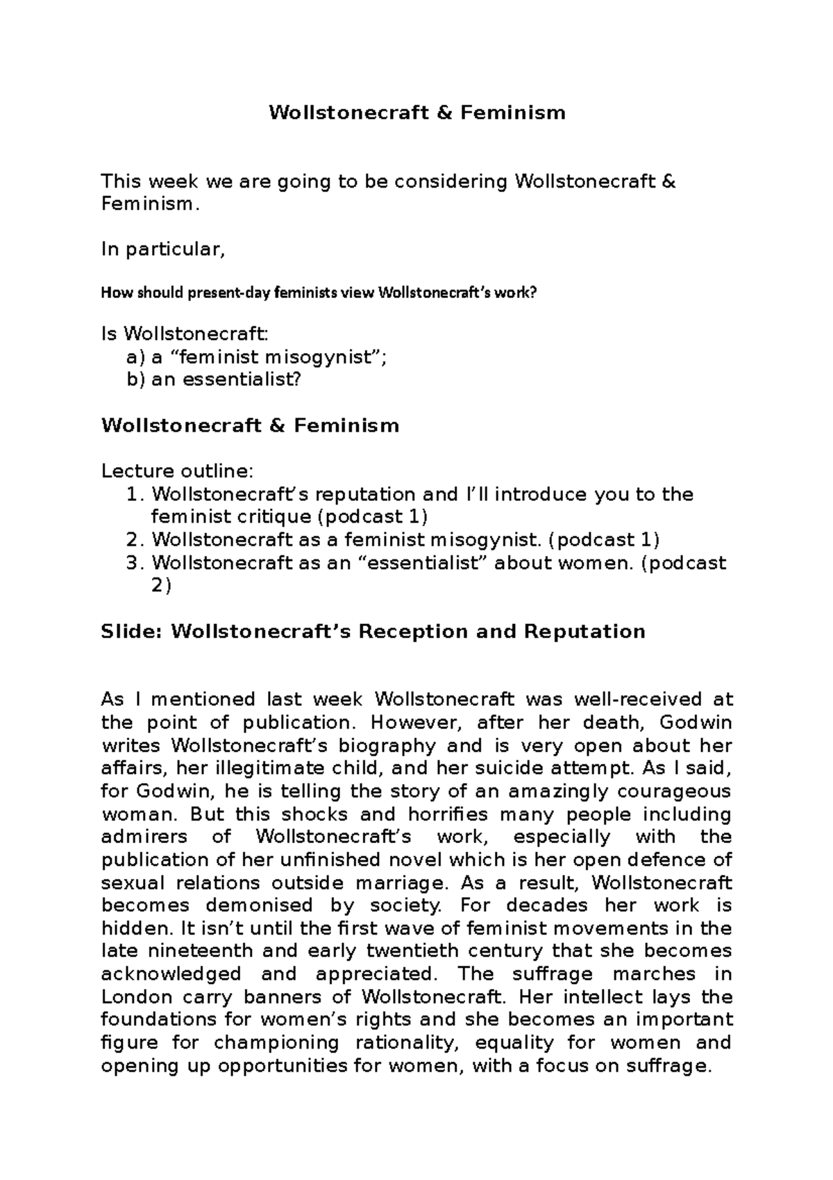 Wollstonecraft Feminism Lecture Notes - Wollstonecraft & Feminism This ...