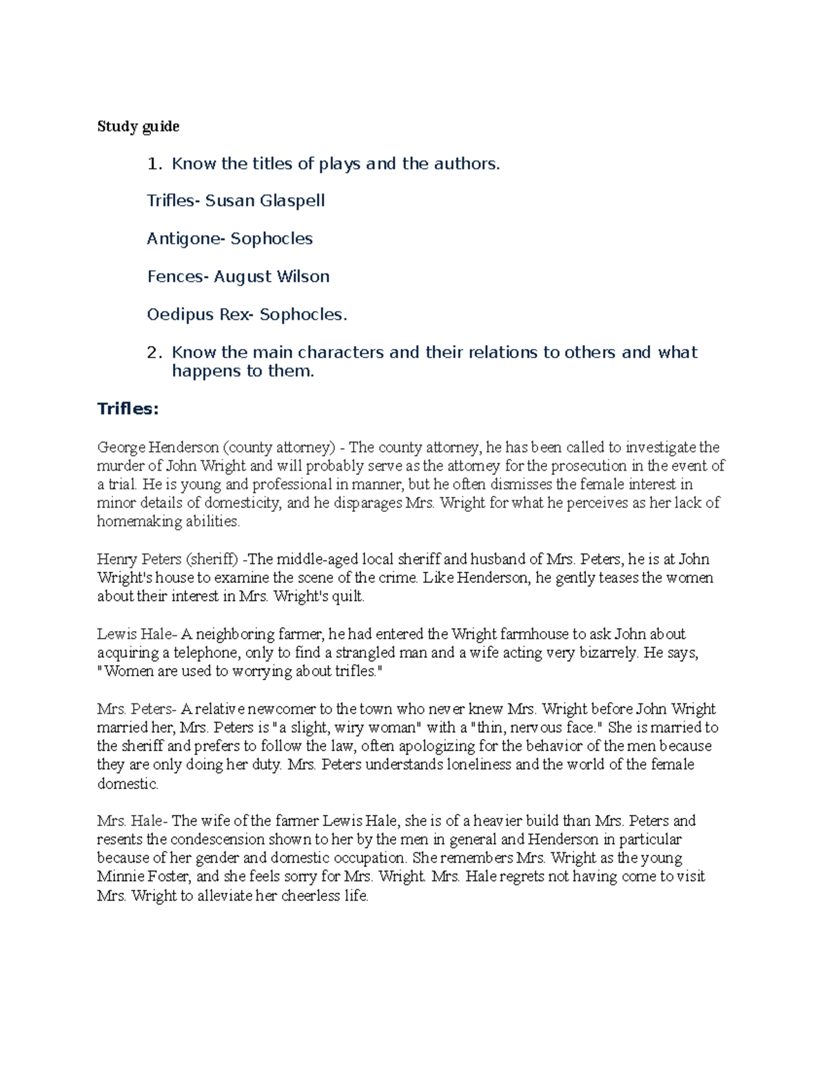 ENG-201- Study Guide 1 - Study guide Know the titles of plays and the ...