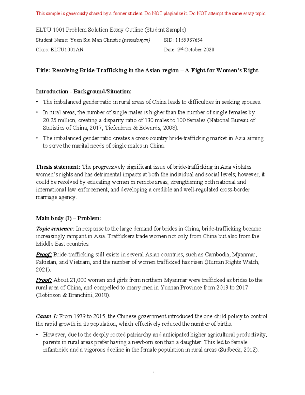 PSE Outline Student Sample 3 Bride Trafficking(1) - ELTU 1001 Problem ...