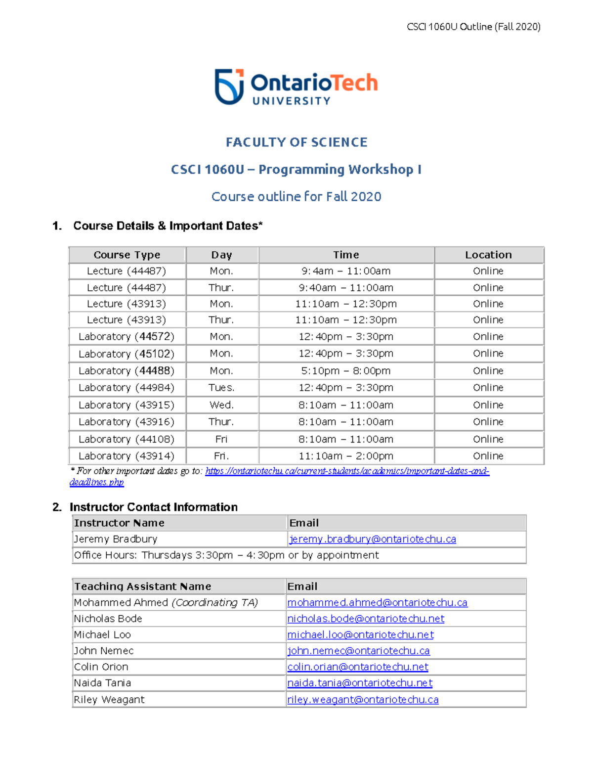 Csci1060u Outline F20 Faculty Of Science Csci 1060u Programming Workshop I Course Outline