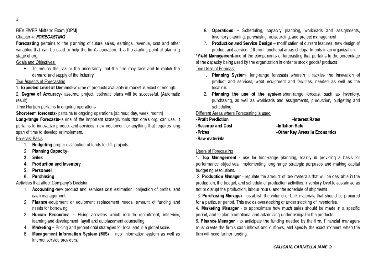 OPM (Chapter 4-6) Caligan - REVIEWER Midterm Exam (OPM) Chapter 4 ...