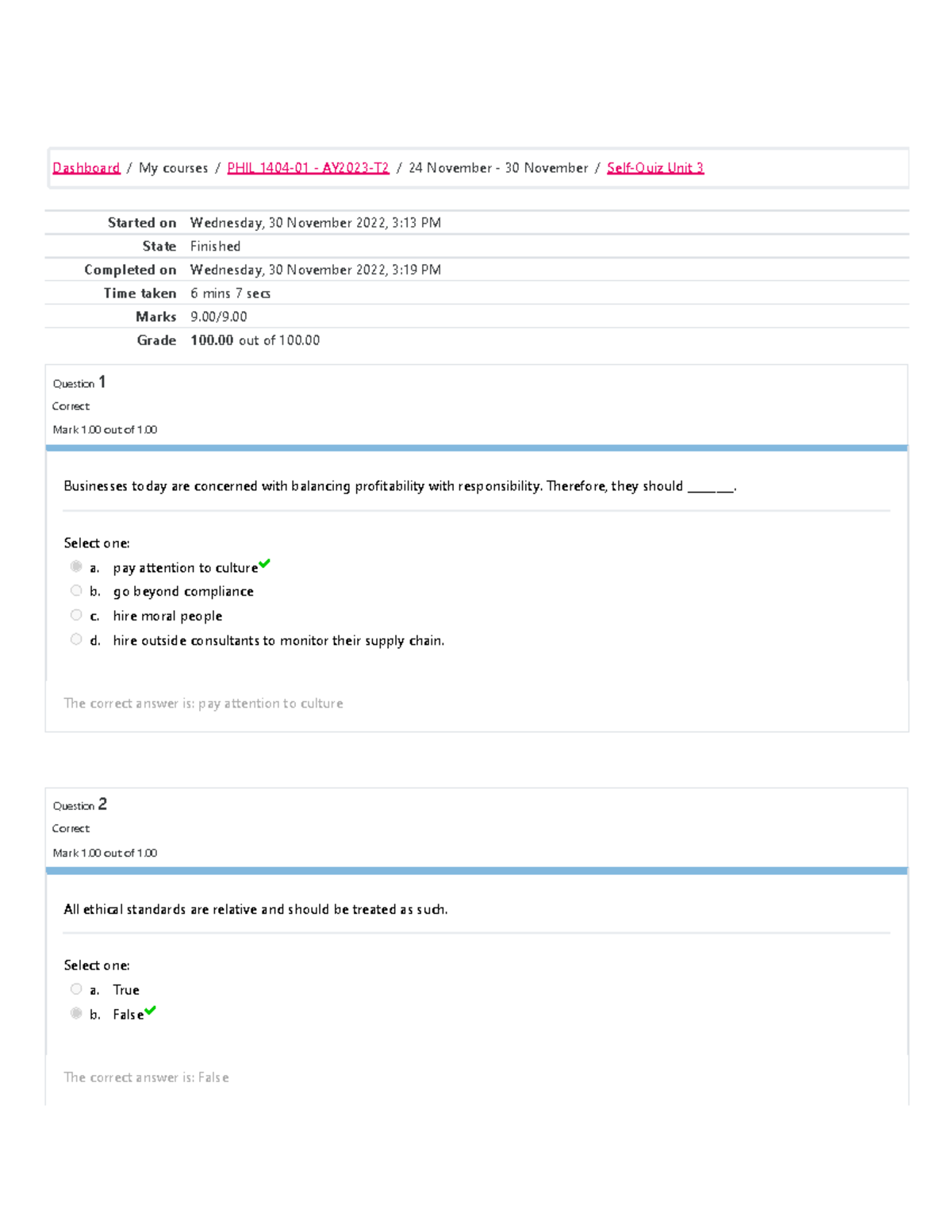 Ethics Self-Quiz Unit 3 - Started on Wednesday, 30 November 2022, 3:13 ...