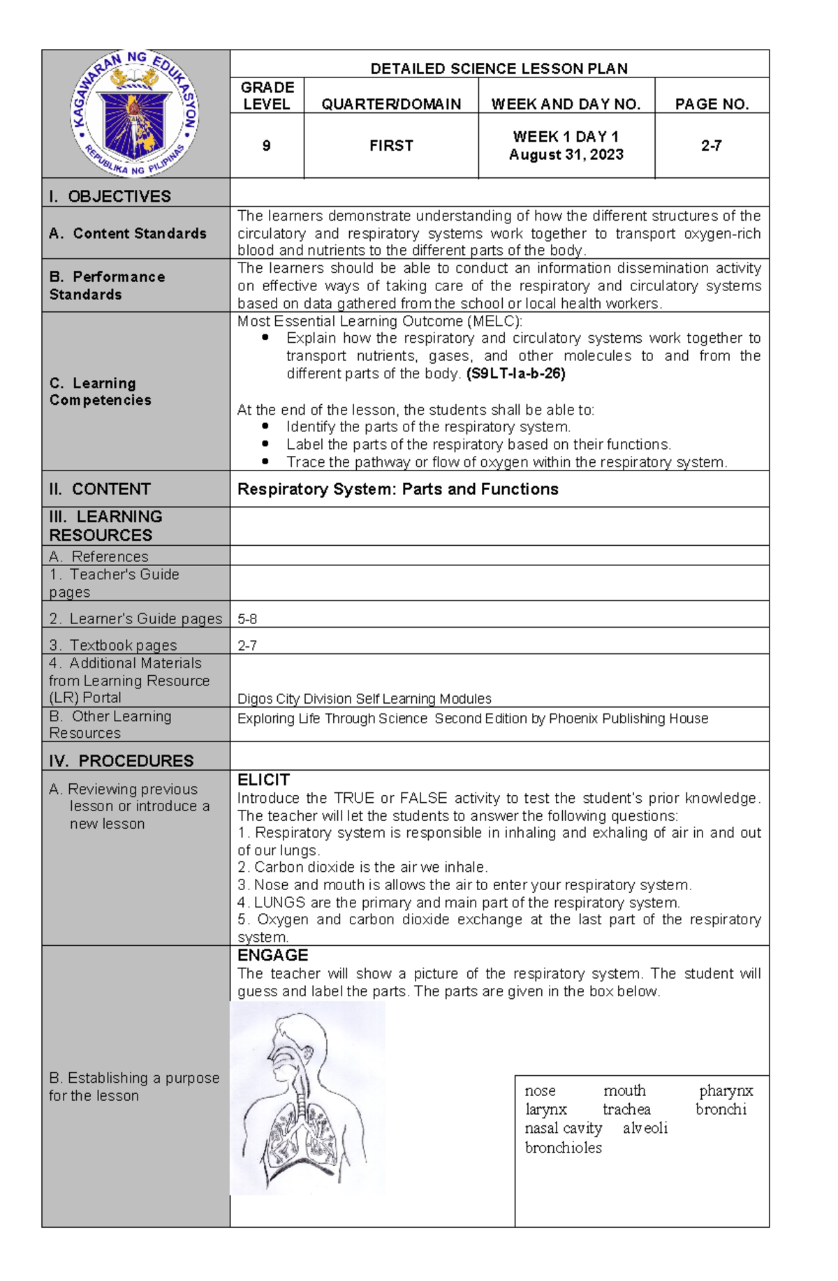 Q1 Lesson 1-Partsof Respiratory - DETAILED SCIENCE LESSON PLAN GRADE ...