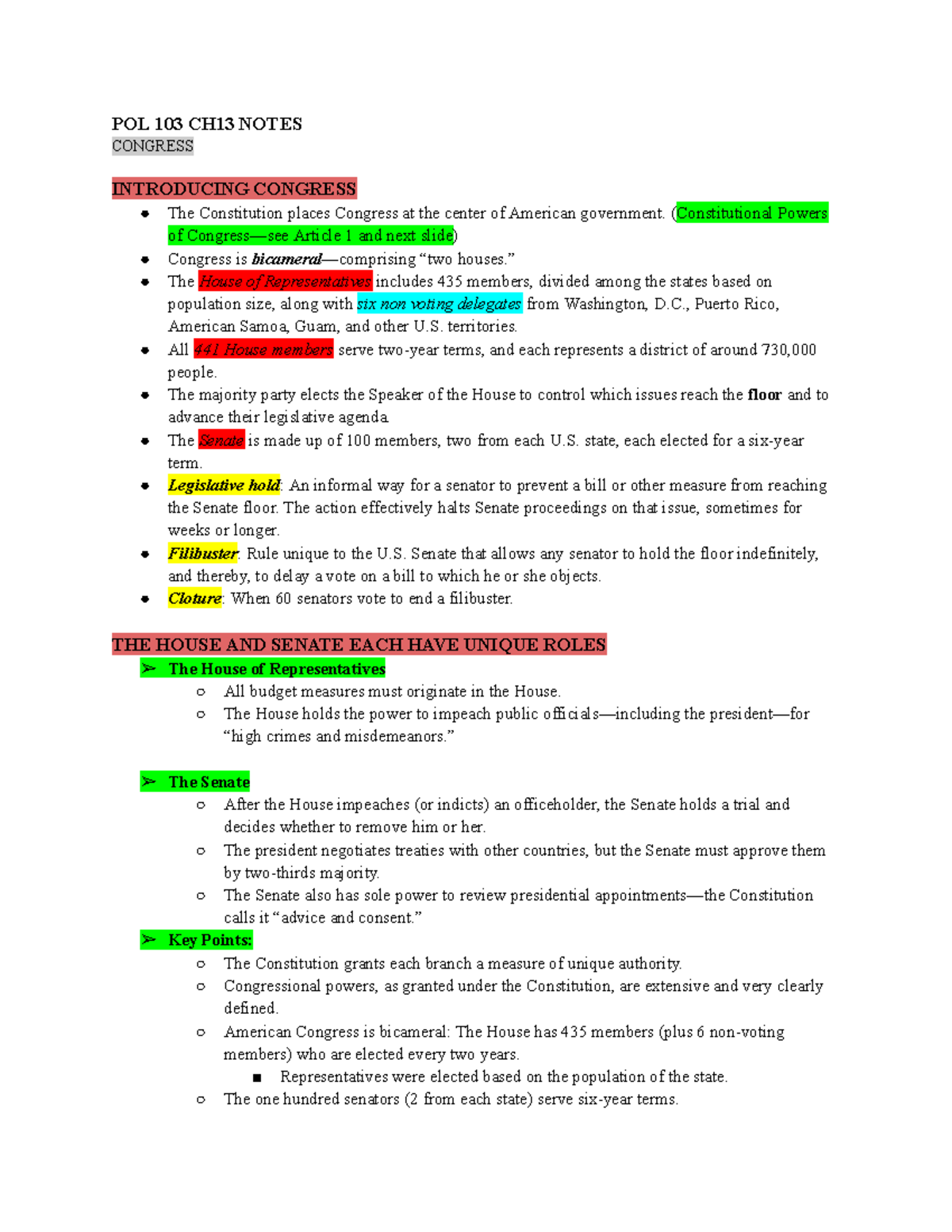 POL 103 CHP13 Notes - POL 103 CH13 NOTES CONGRESS INTRODUCING CONGRESS ...