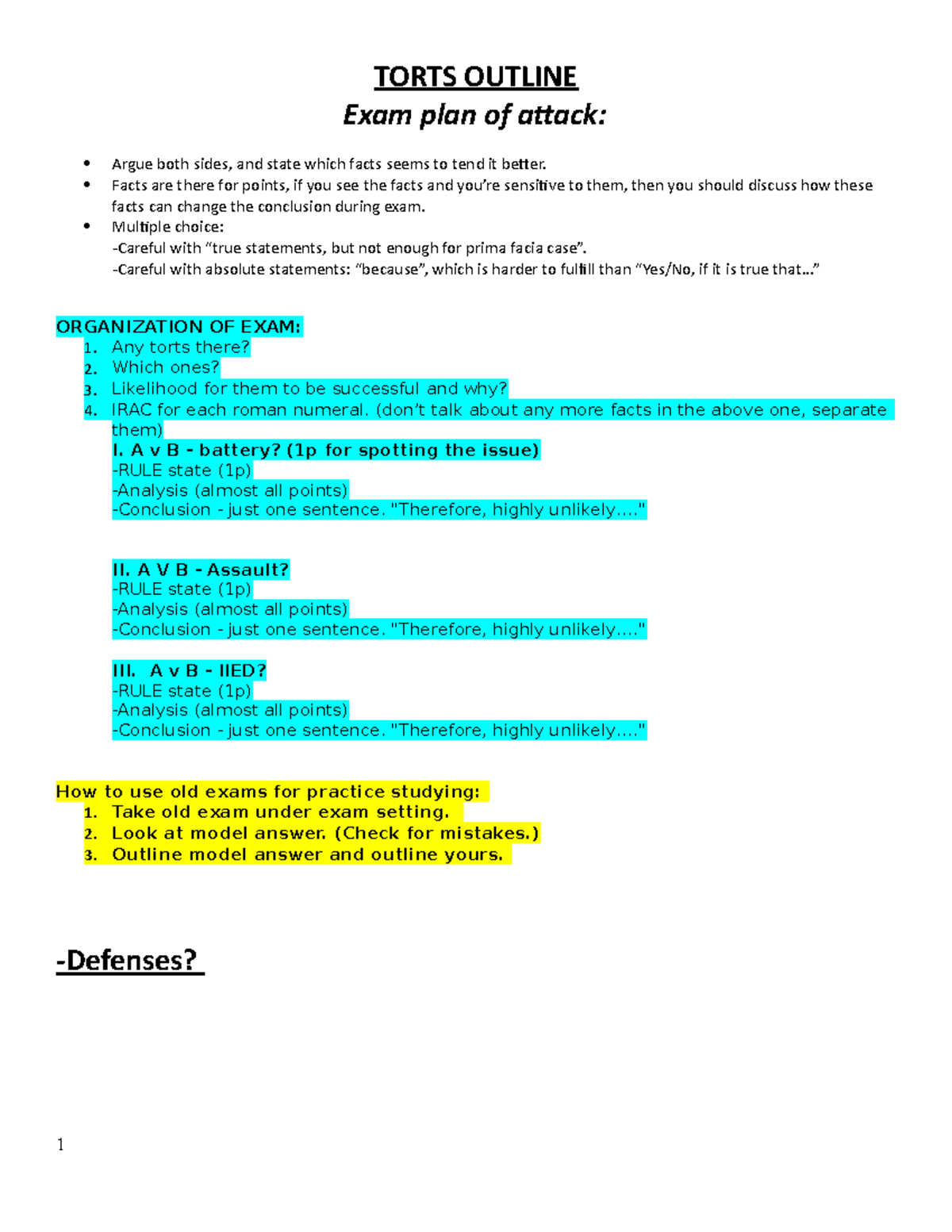 Backup of Torts Outline - TORTS OUTLINE Exam plan of attack: Argue both ...