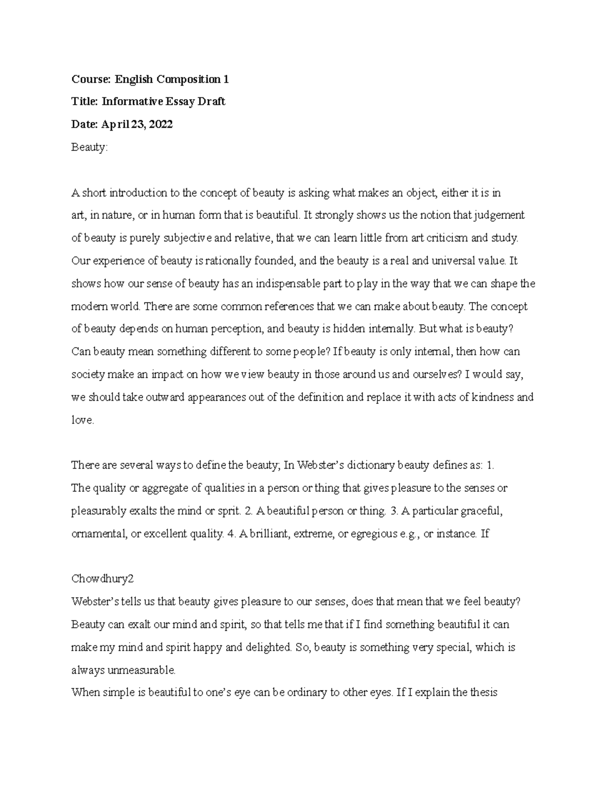 English Essay 3 - Course: English Composition 1 Title: Informative ...