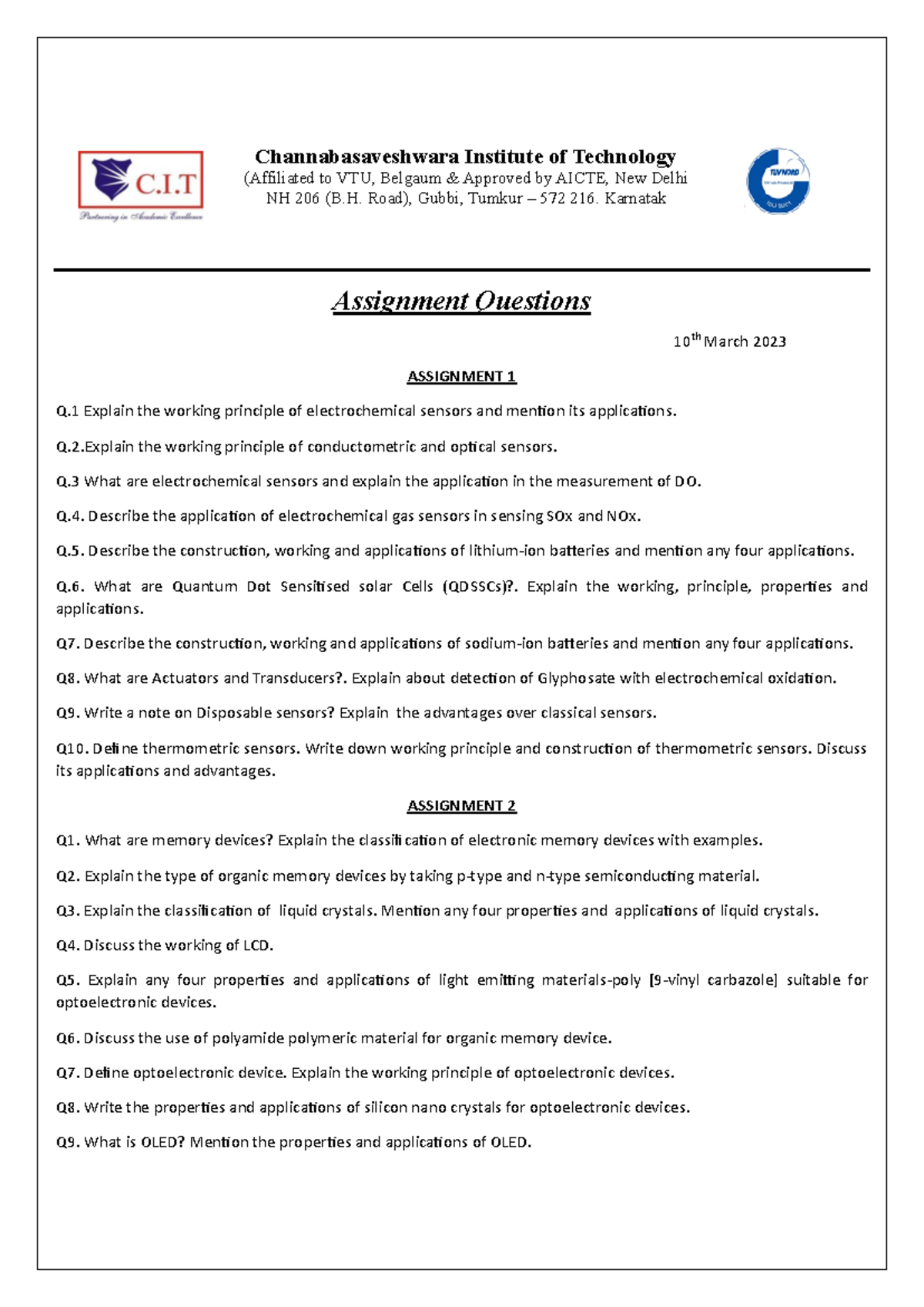 Assignment Questions aids - Assignment Questions 10 th March 2023 ...