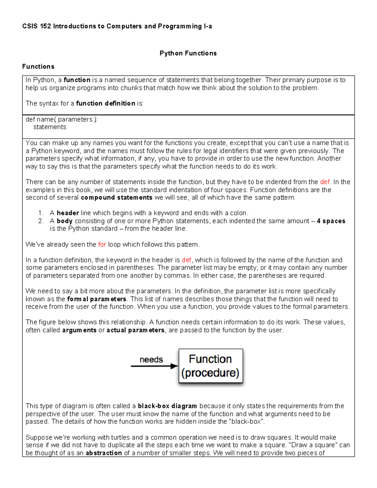 17. CSIS 152 2021-02-15-Functions - CSIS 152 Introductions to Computers and Programming I-a ...