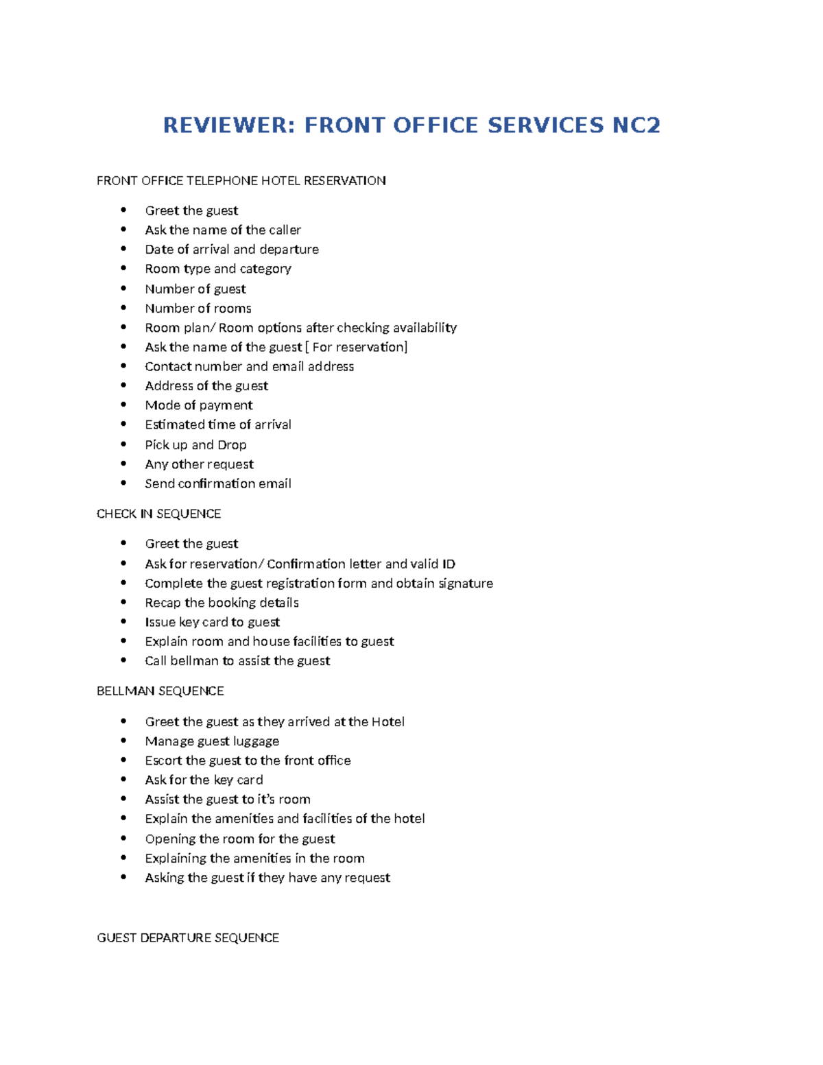 Reviewer FOS NC2 - REVIEWER: FRONT OFFICE SERVICES NC FRONT OFFICE ...
