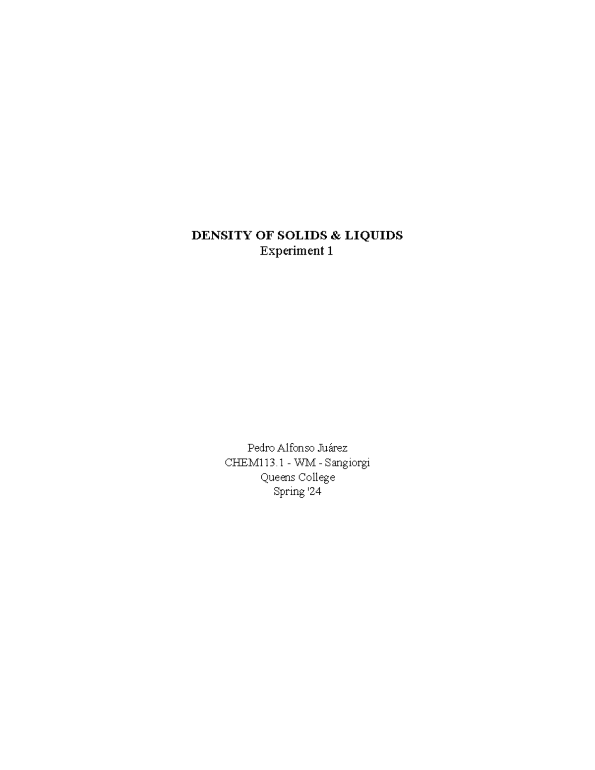 LAB #1 - Density PDF - DENSITY OF SOLIDS & LIQUIDS Experiment 1 Pedro ...