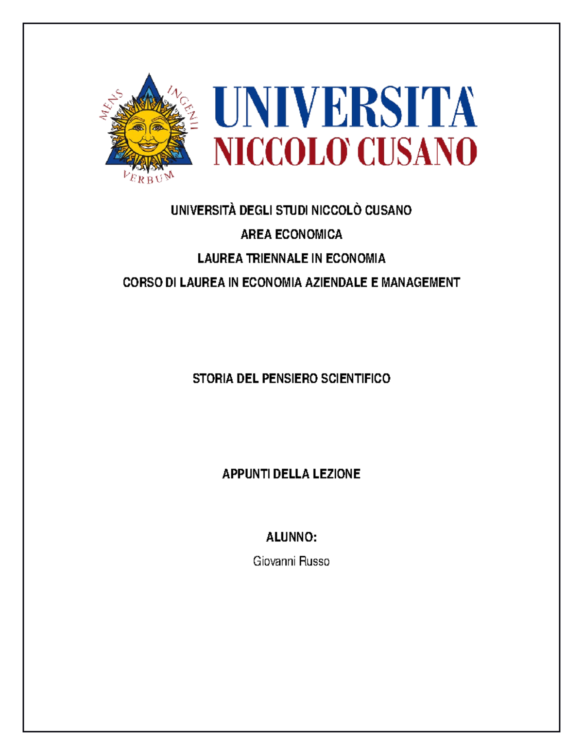Pensiero scientifico - UNIVERSITÀ DEGLI STUDI NICCOLÒ CUSANO AREA ...