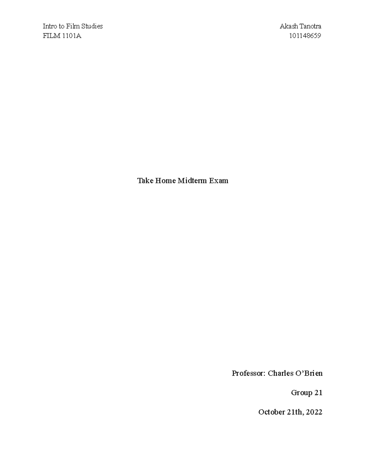 Take Home Midterm Exam - Akash Tanotra - Intro to Film Studies Akash ...