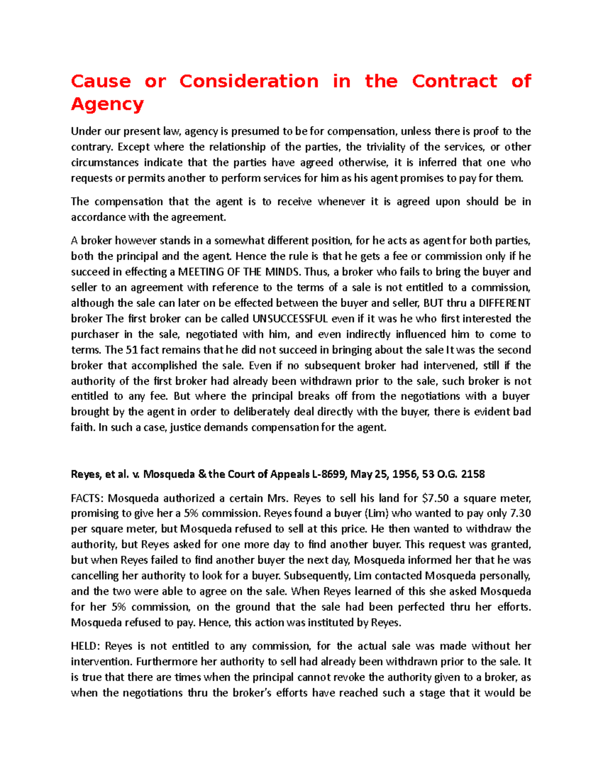 Cause or Consideration in the Contract of Agency - Cause or ...