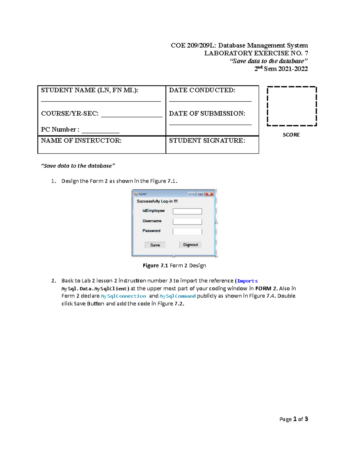 LAB7 Save data to the database - COE 209/209L: Database Management ...