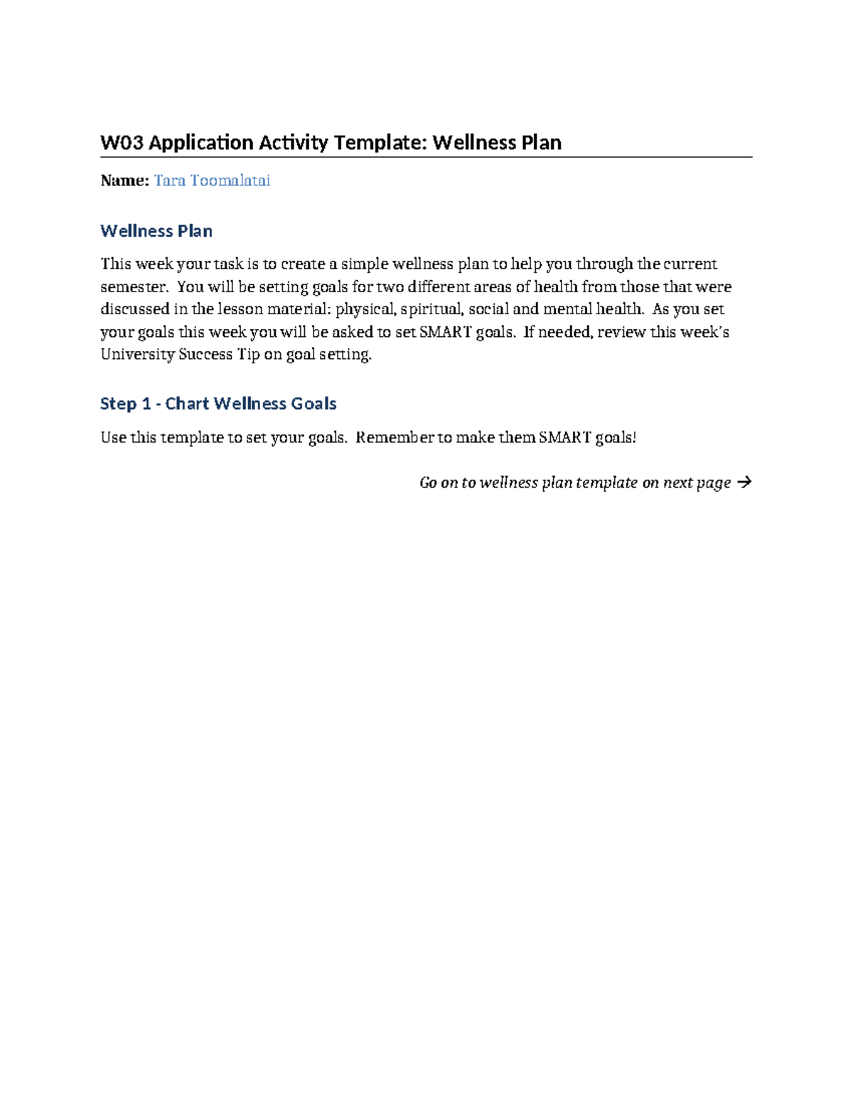 Wellness Plan-Toomalatai - W03 Application Activity Template: Wellness ...
