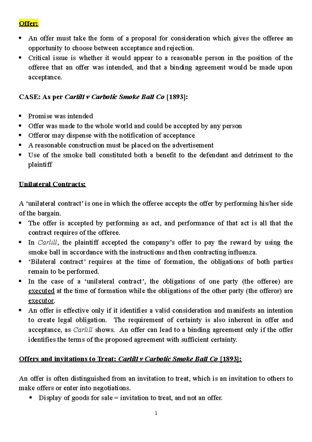 Final Contract NOTE WITH Cases - Offer: An offer must take the form of ...