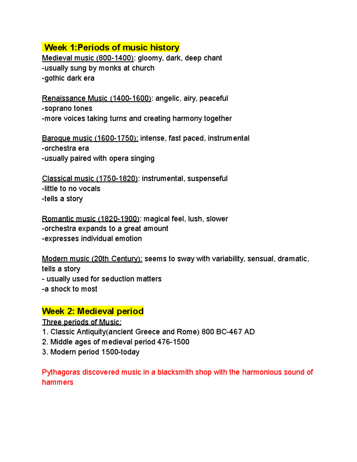 Music Appreciation Notes - Week 1:Periods of music history Medieval ...