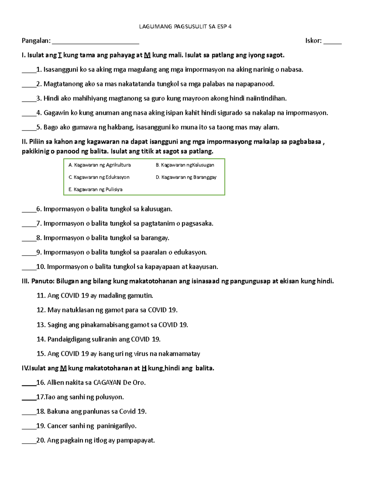 Lagumang pagsusulit sa ESP no. 3 - LAGUMANG PAGSUSULIT SA ESP 4 ...
