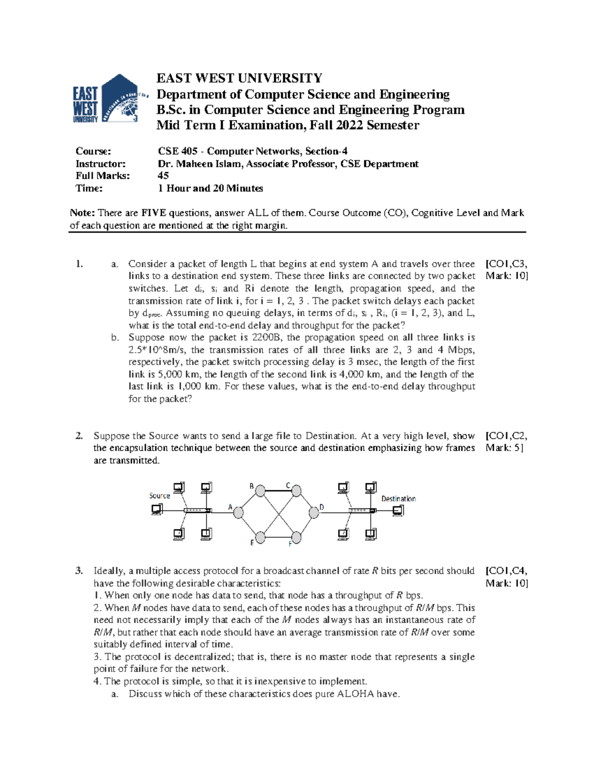 Mid Term I Examination, Fall 2022 Semester - Computer Networks - EWU ...