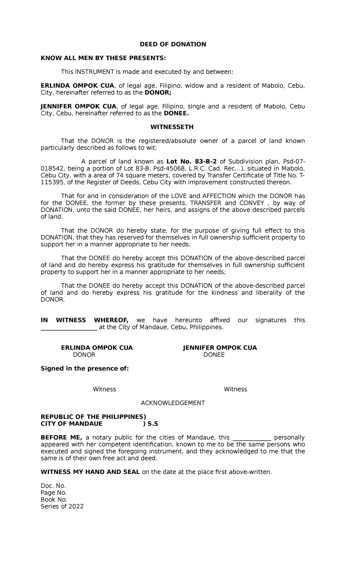 DEED OF Donation Sept 26 - DEED OF DONATION KNOW ALL MEN BY THESE ...