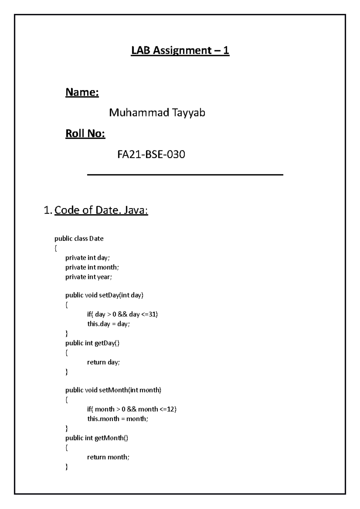 FA21-BSE-030 - Assignment - LAB Assignment – 1 Name: Muhammad Tayyab Roll No: FA21-BSE- 1. Code ...