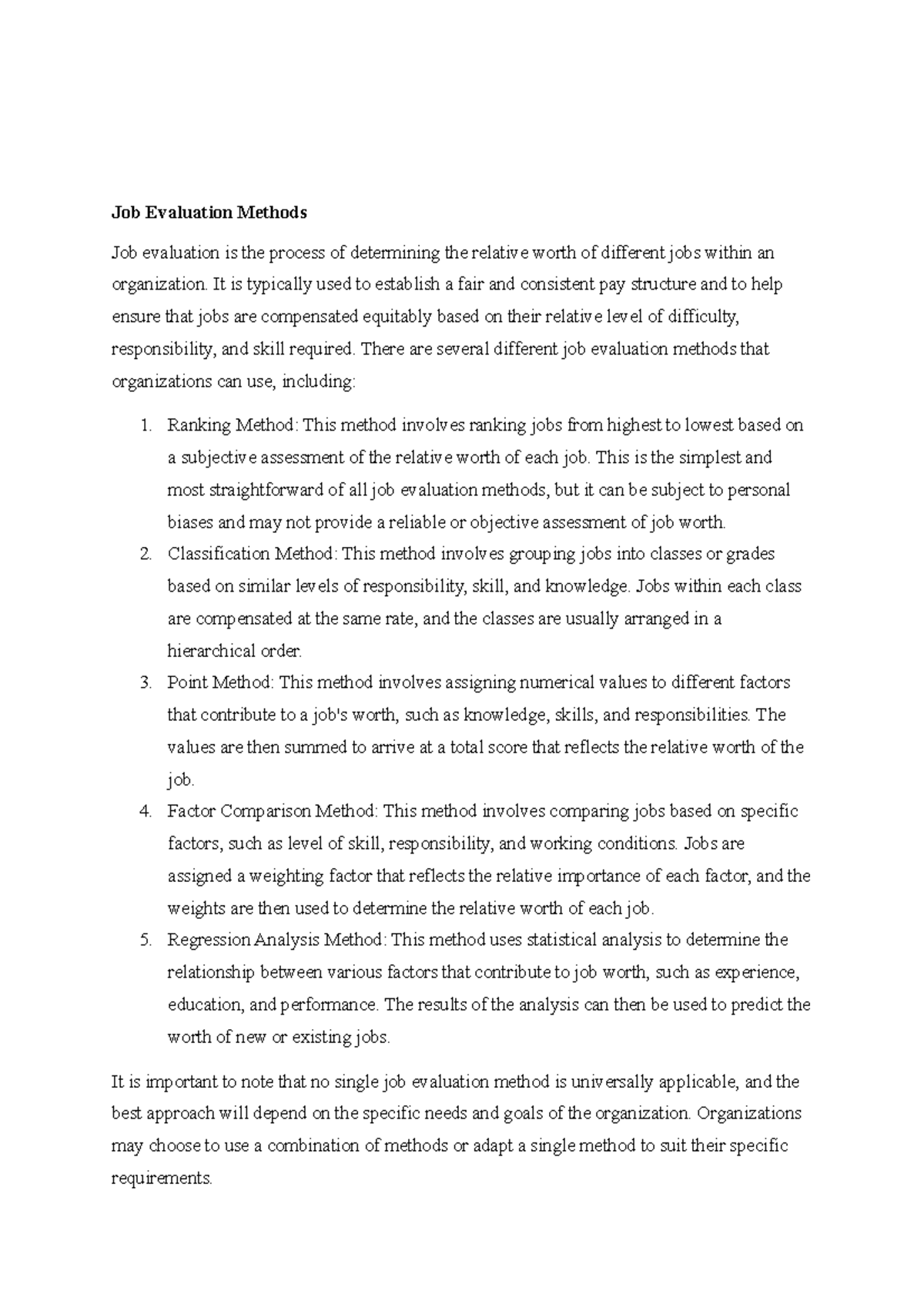 Job Evaluation Methods - It is typically used to establish a fair and ...